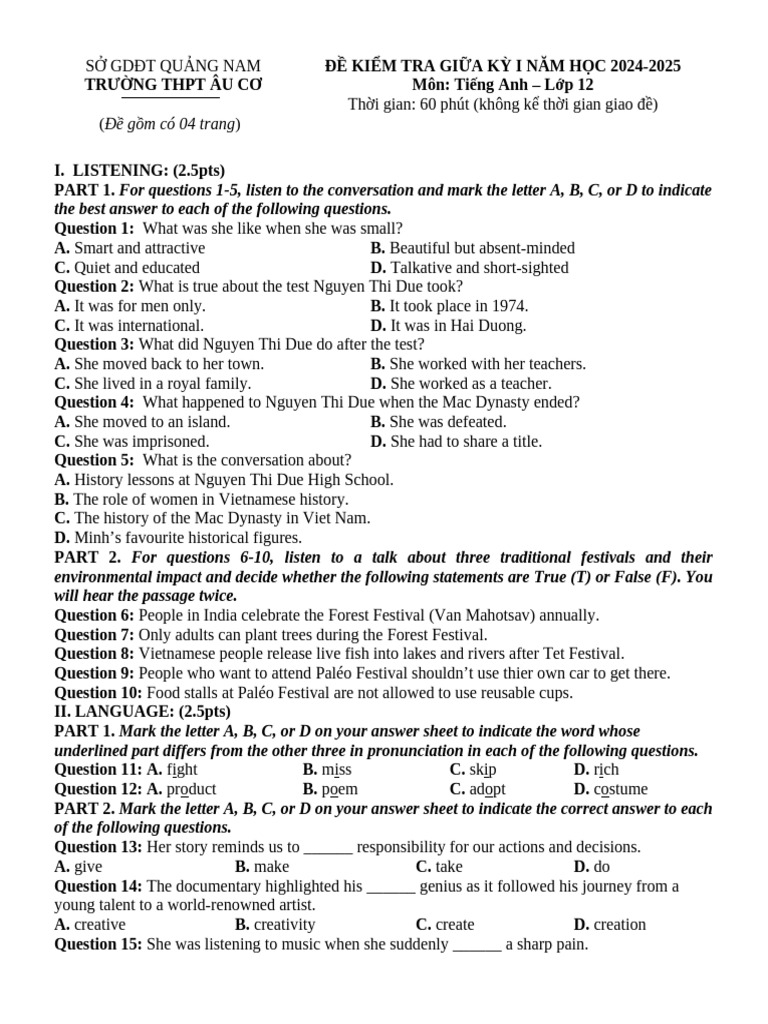 English Midterm Exam for Grade 12 | PDF | Brazil