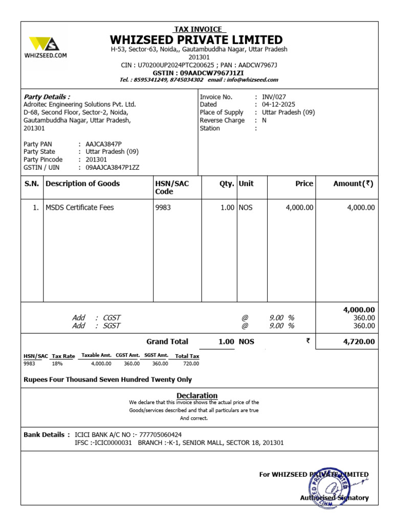 Invoice No_04 Dec 2025_027 | PDF | Payments | Sales
