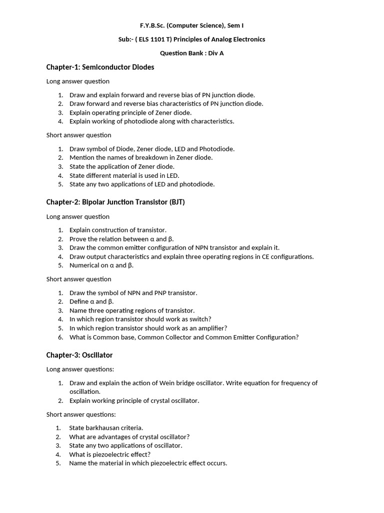 Question Bank FYCS Ele Sem-1 | PDF | Bipolar Junction Transistor | Operational Amplifier