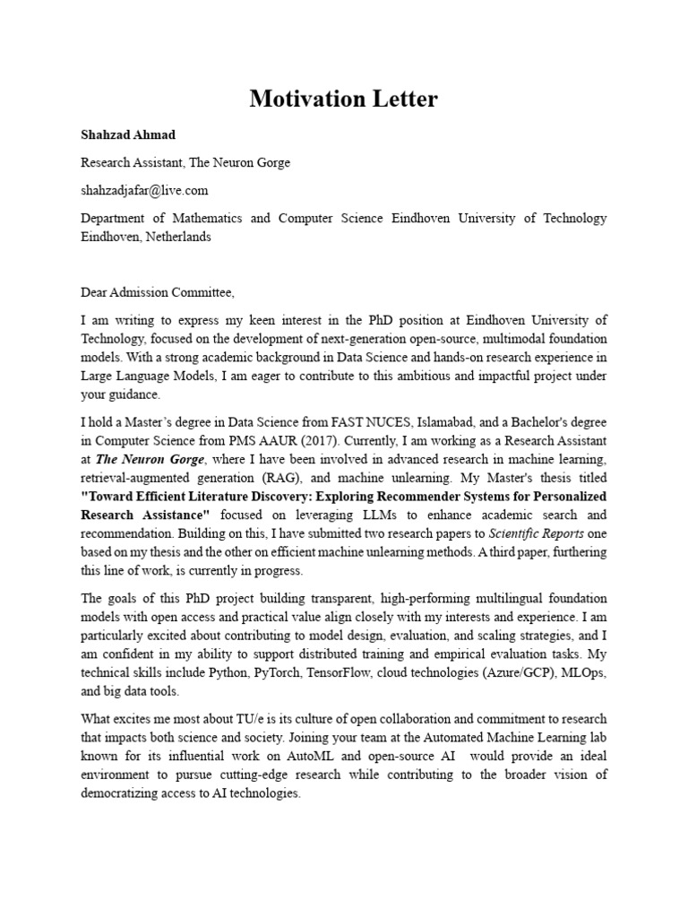 PhD Motivation Letter for AI Research | PDF