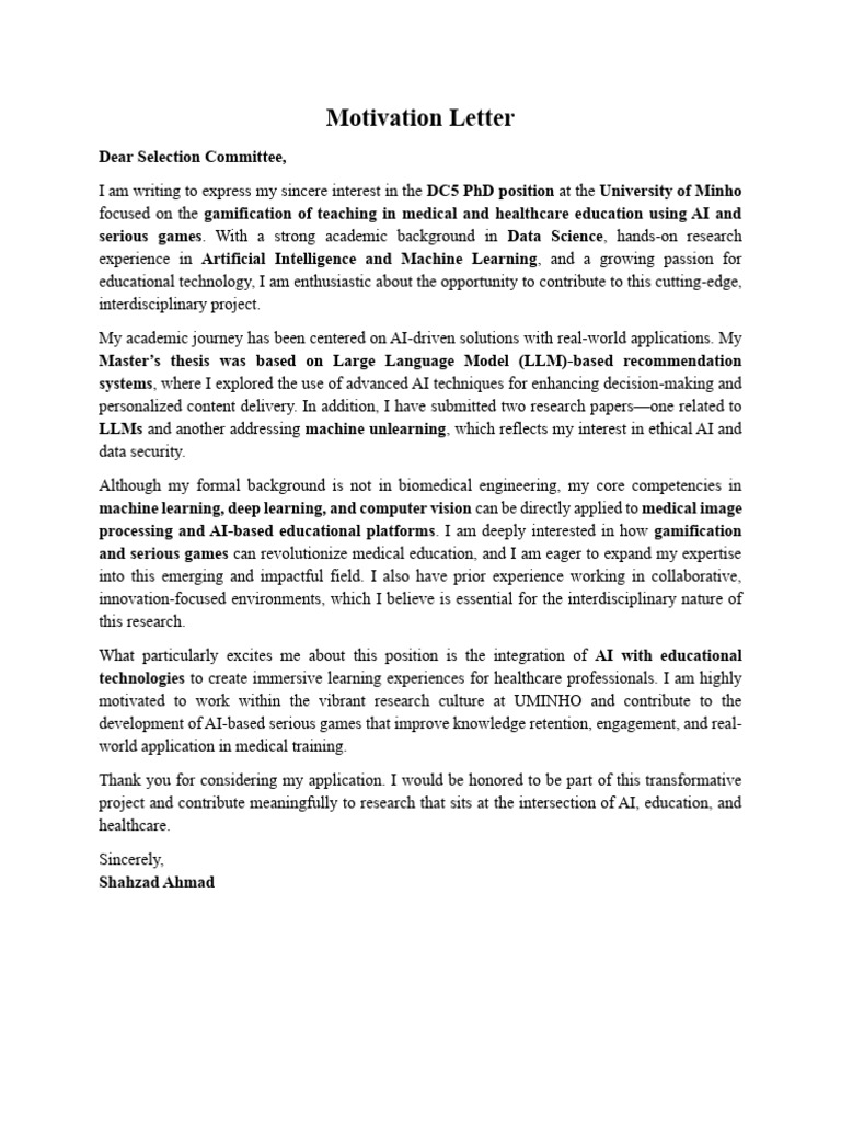 Motivation Letter For DC5 PHD Position | PDF