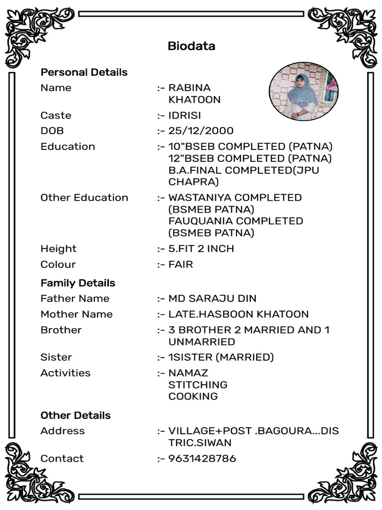 Rabina Khatoon: Personal Biodata Summary | PDF