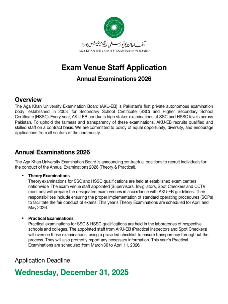 AKU-EB Staff Application for 2026 Exams | PDF | Karachi