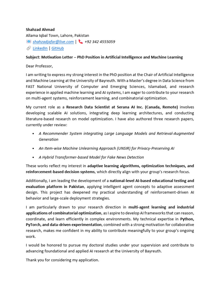 PhD Motivation Letter: AI & Machine Learning | PDF