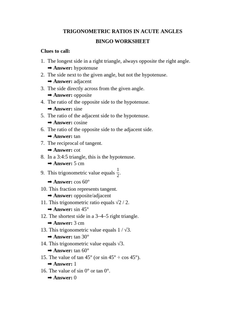 Trigonometric Ratios Bingo Worksheet | PDF