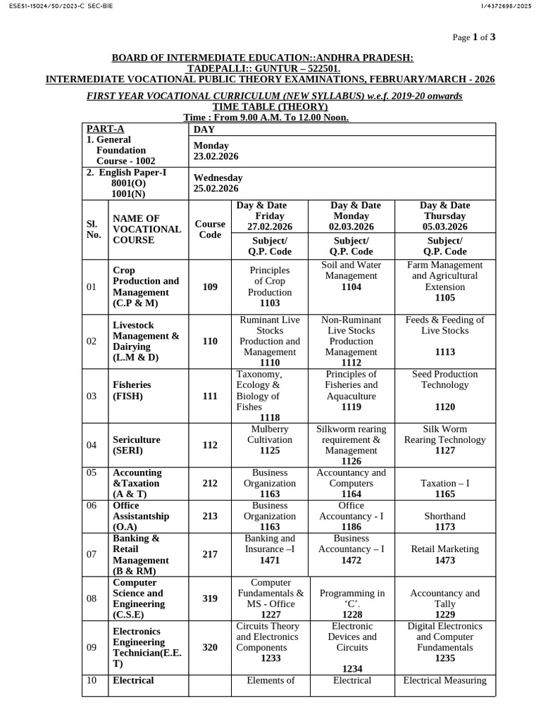 AP Intermediate Vocational Exam Timetable 2026 | PDF | Agriculture ...
