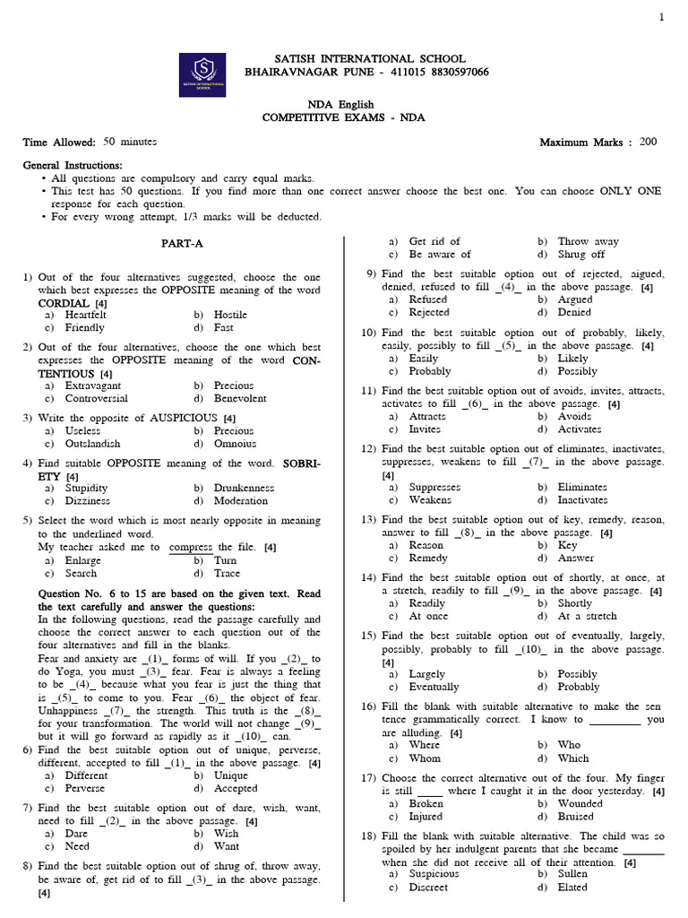 NDA English Competitive Exam Questions | PDF