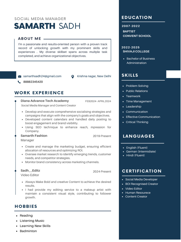 Samarth Sadh CV - 20250618 - 235629 - 0000 | PDF | Business | Cognition
