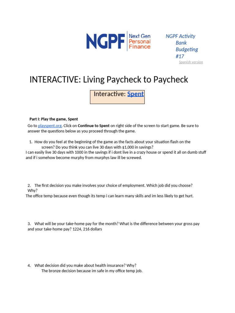 Interactive Budgeting Game Reflection | PDF