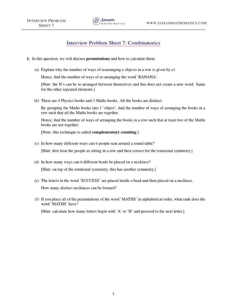 Combinatorics Interview Problems Guide | PDF | Numbers | Mathematics