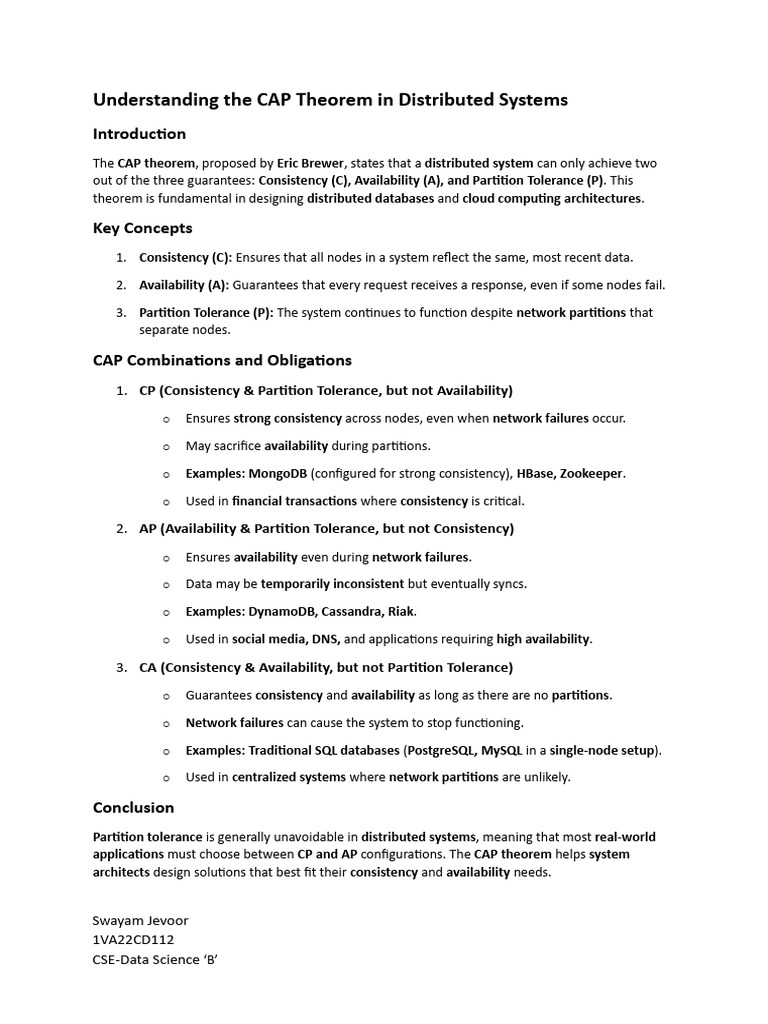 CAP Theorem Explained for Distributed Systems | PDF