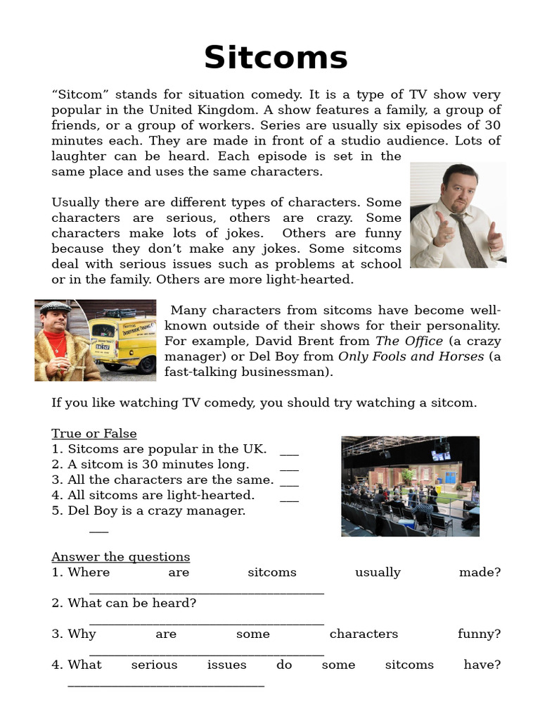 British Sitcoms Reading and Writing Worksheet Reading Comprehension ...