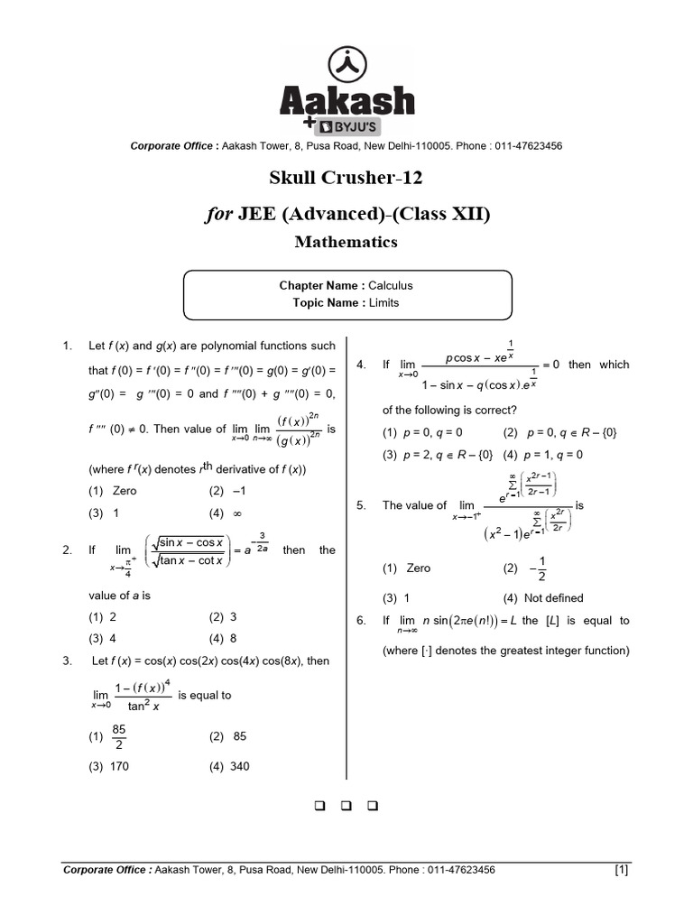 Skull Crusher 12 Class XII JEE (Adv) Mathematics | PDF | Mathematical ...