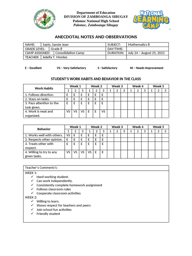 Math@Anecdotal Notes and Observations | PDF | Teachers | Homework