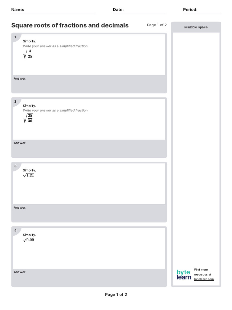 Square Roots Worksheet | PDF