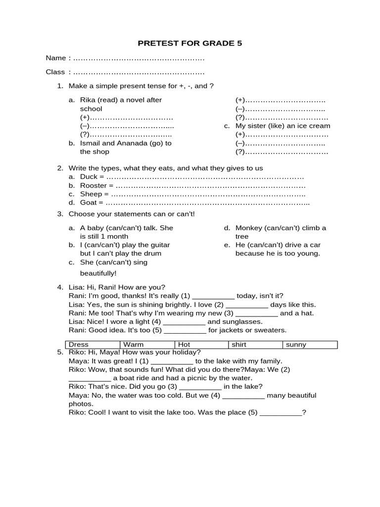 Pretest for Grade 4 and 5 | PDF | Foods