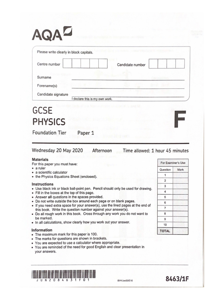 AQA GCSE Physics 2020 Foundation Paper 1 Model Solutions | PDF