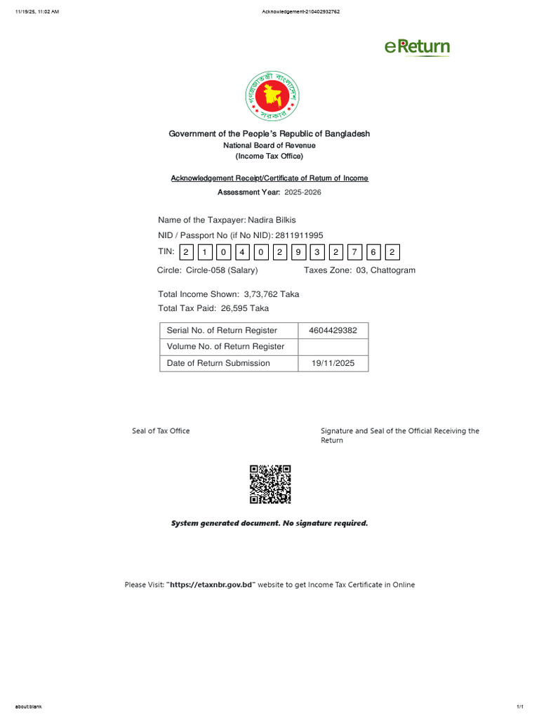 Acknowledgement Copy 2025-26 Nadira Bilkis | PDF