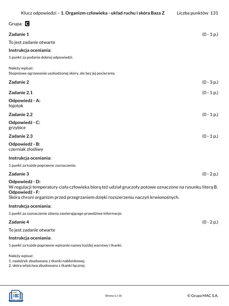 Organizm Człowieka - Układ Ruchu I Skóra Baza Z - Klucz Odpowiedzi C | PDF