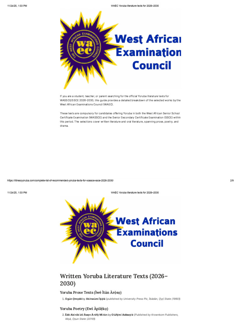 WAEC Yoruba Literature Texts 2026-2030 | PDF