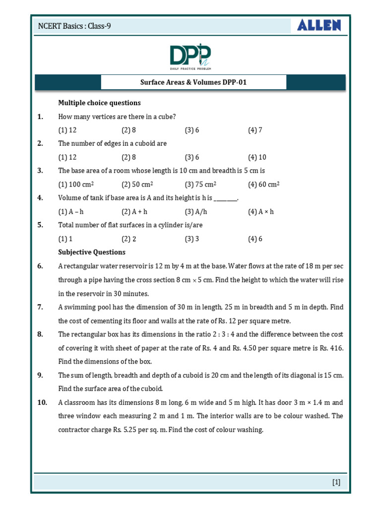 Cl9_Maths_SA_Volumes_DPP_QP | PDF | Sphere | Area