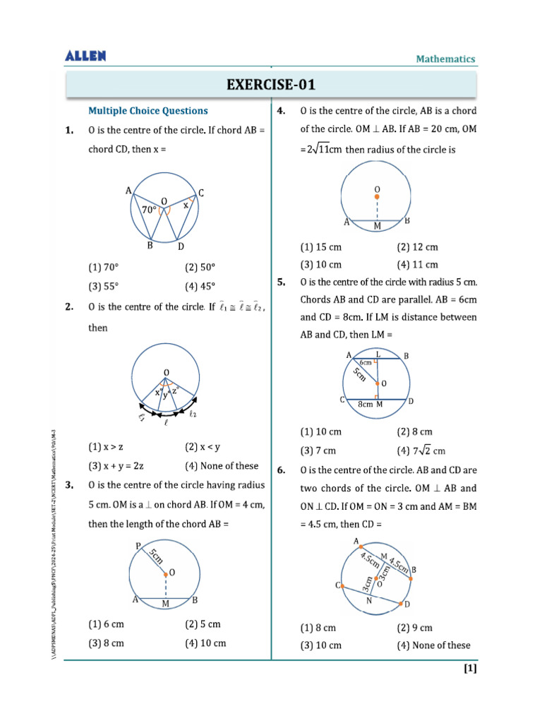 Cl9 Maths Circles Exercises QP | PDF