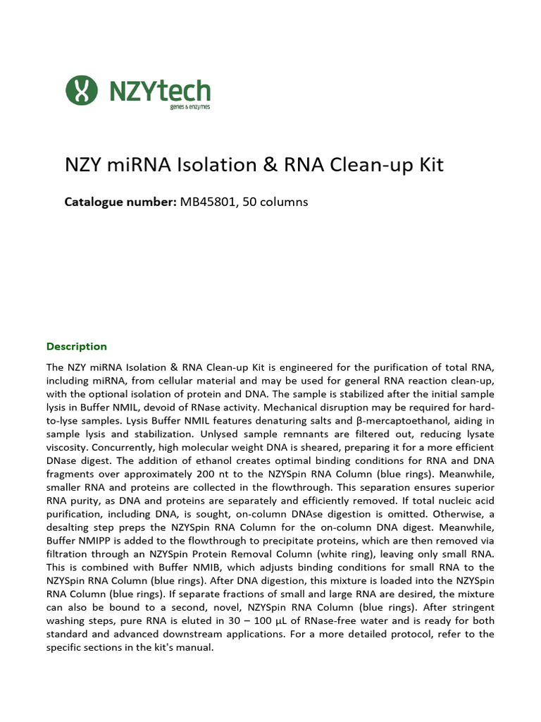 NZY miRNA Isolation & RNA Clean-Up Kit | PDF | Protein Purification | Lysis