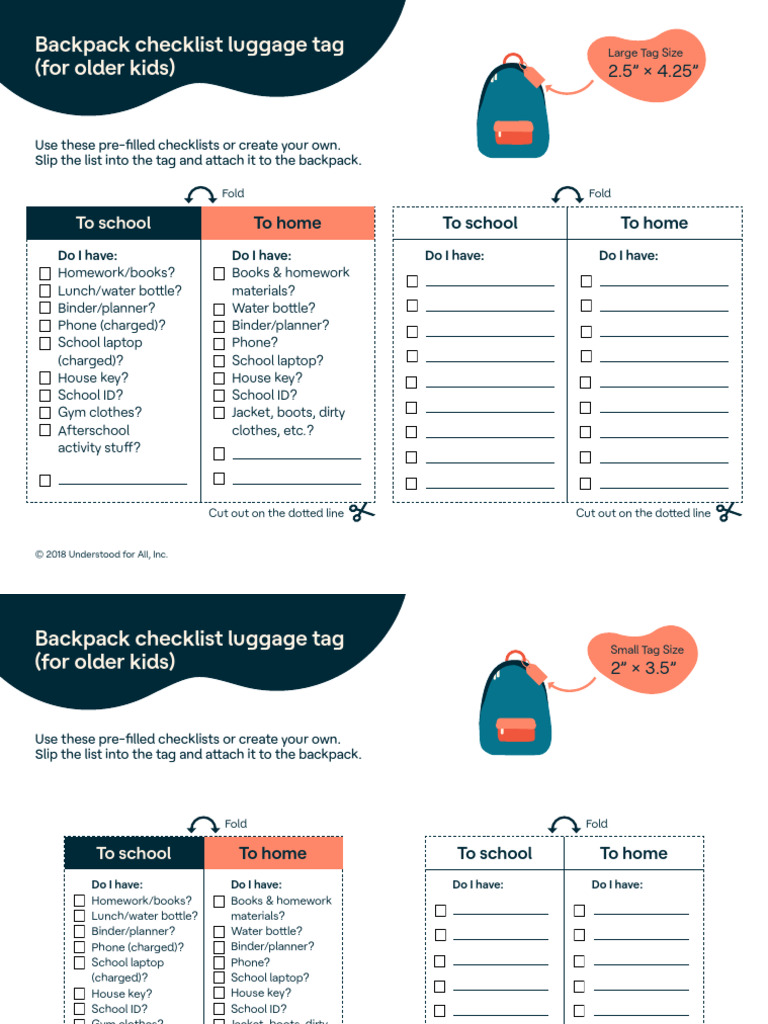 Backpack Checklist for Older Kids Luggage Tag | PDF