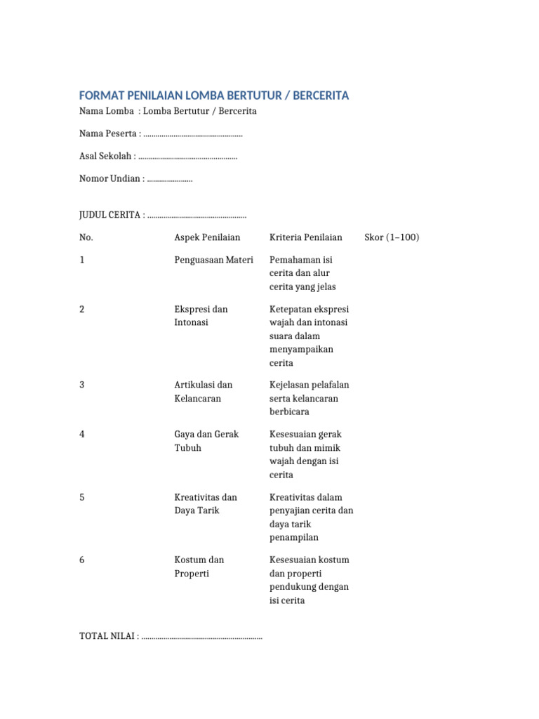 Format Penilaian Lomba Bercerita | PDF
