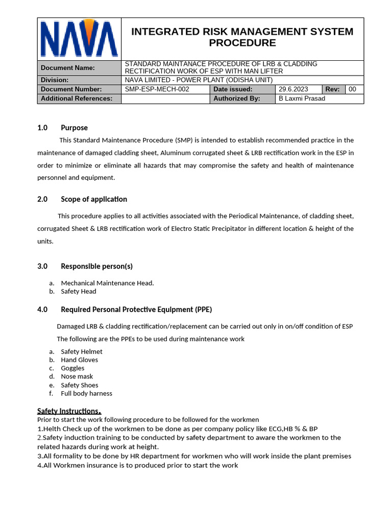 ESP Maintenance Procedure with Man Lifter | PDF | Personal Protective ...