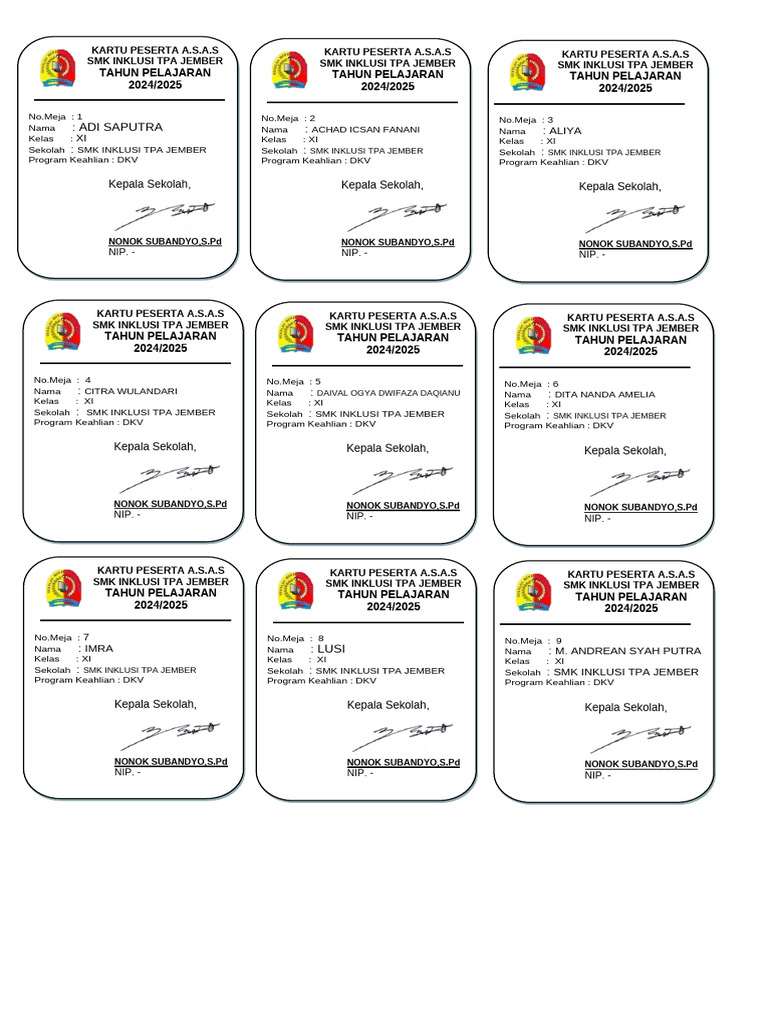 Kartu Ujian Kelas Xi | PDF