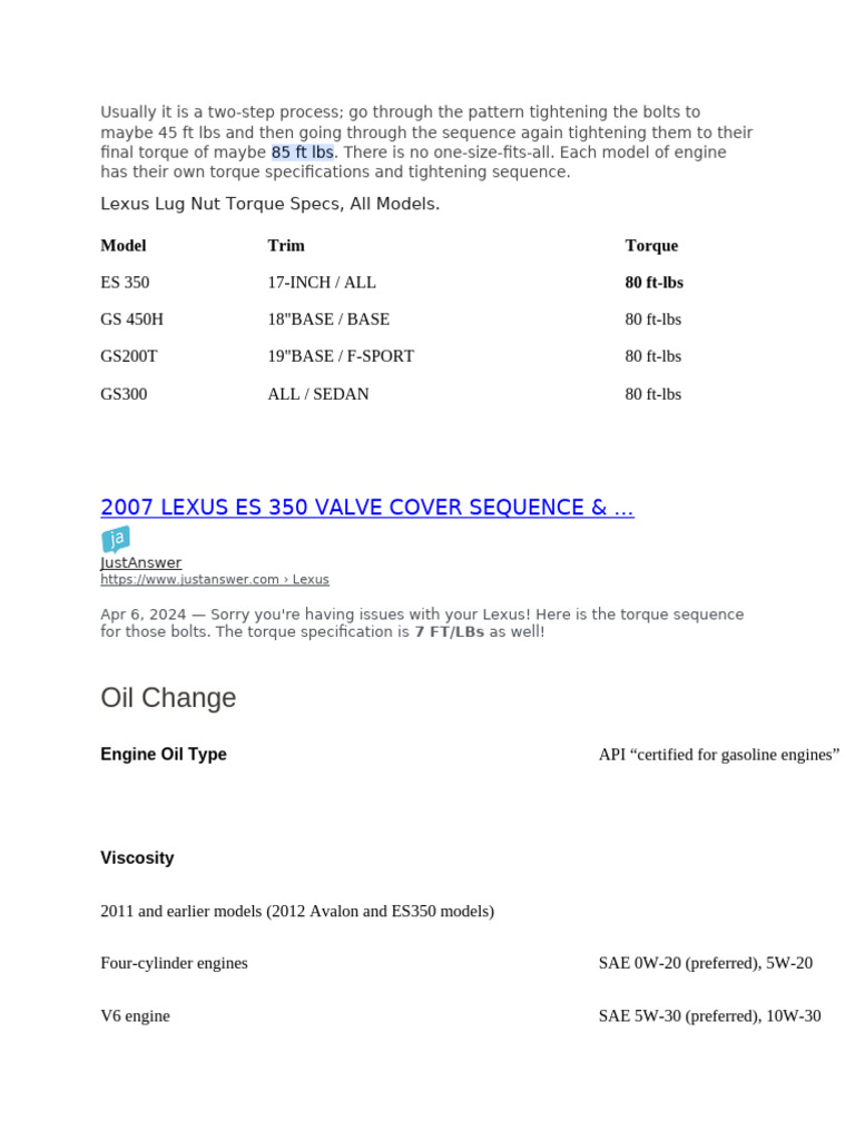 Lexus Torque Specifications Guide | PDF | Automatic Transmission ...