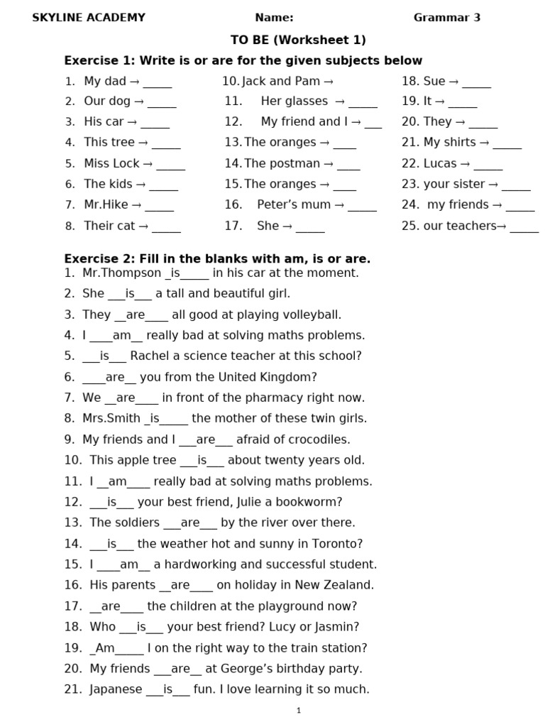 Grammar 3: To Be Worksheets | PDF