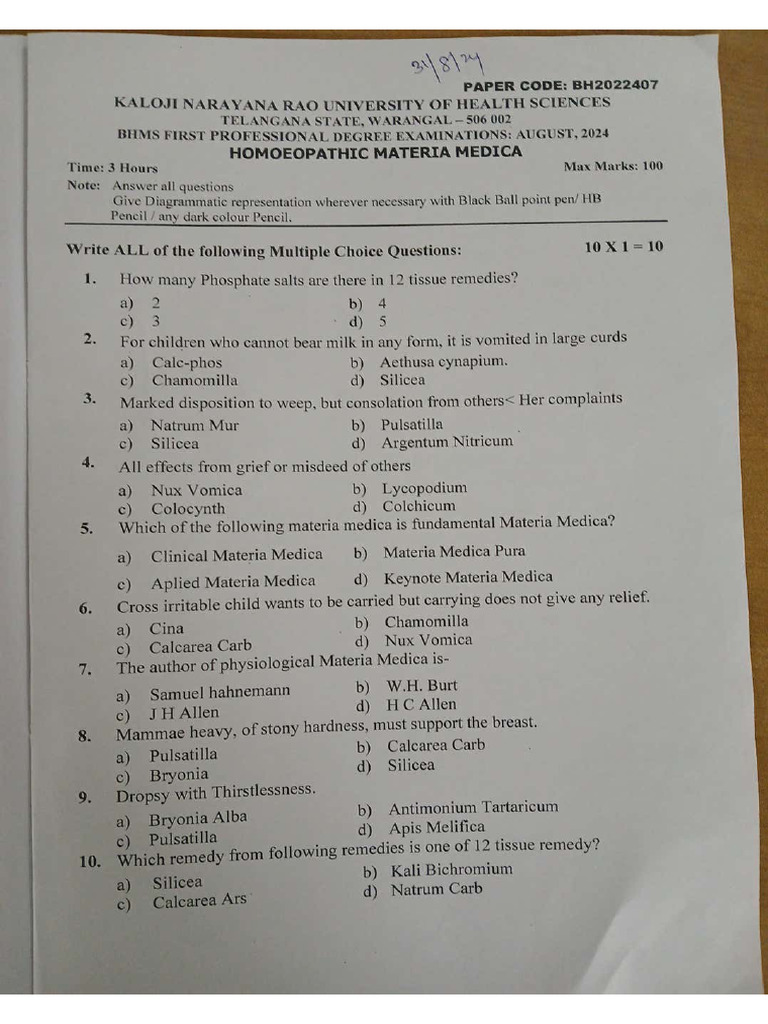 Materia Medica Question Papers | PDF