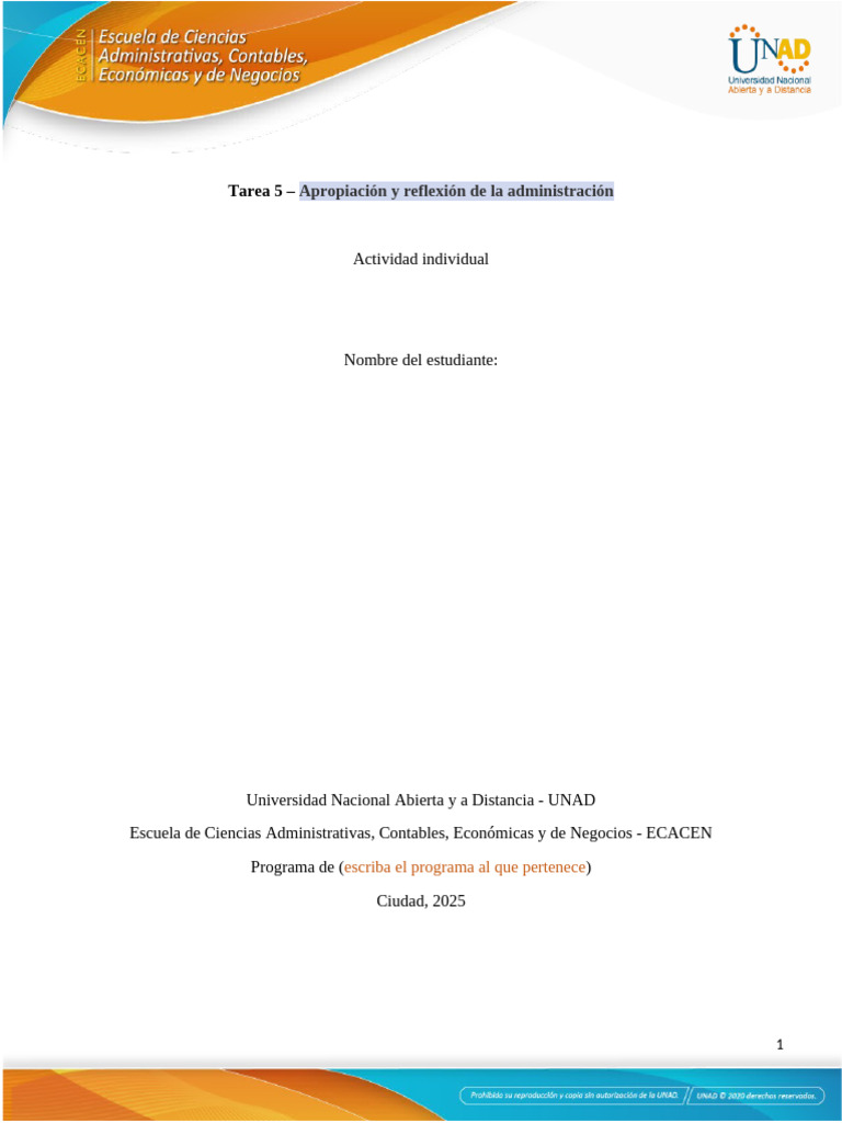Plantilla Tarea 5 - Apropiación y Reflexión de La Administración 1 | PDF