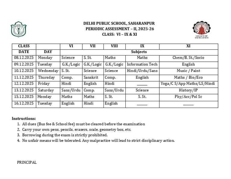 DPS Saharanpur Class VI-IX & XI Exam Schedule | PDF