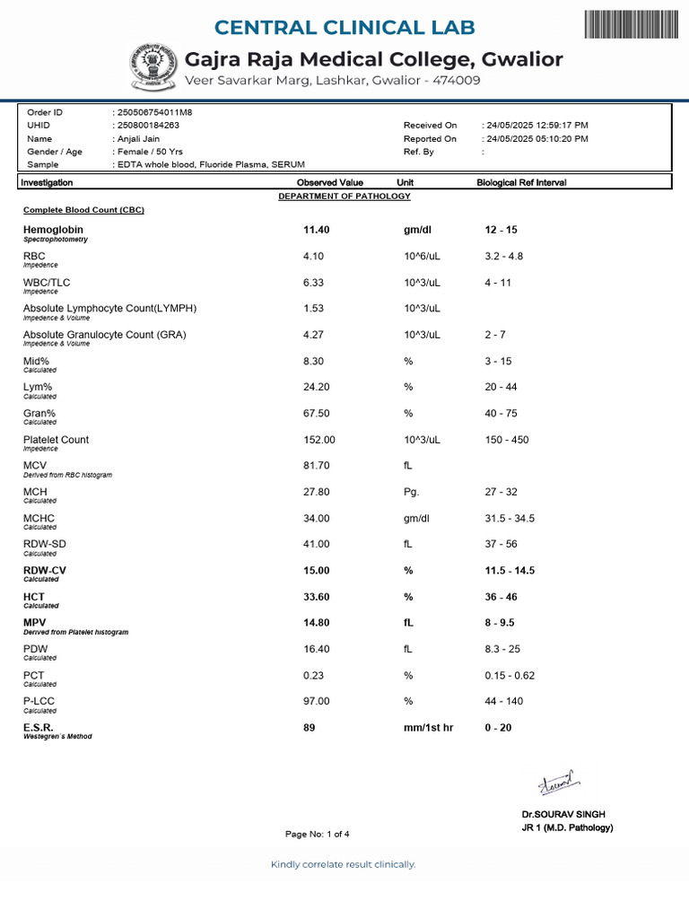CBC and Biochemistry Lab Results | PDF | C Reactive Protein | Medical Tests