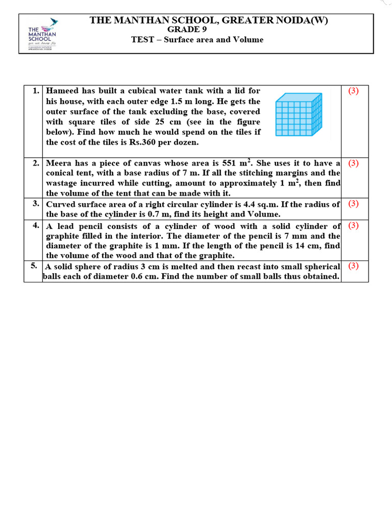 Surface Area and Volume Test Grade 9 | PDF