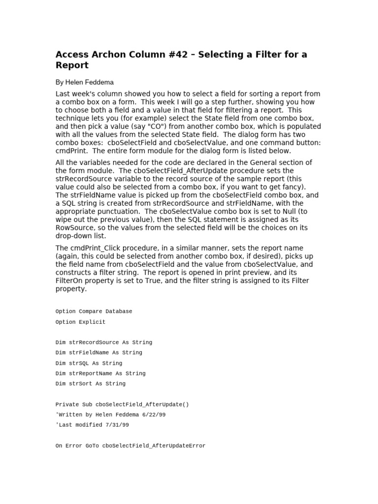 Access Archon Column 42 - Selecting A Filter For A Report | PDF ...