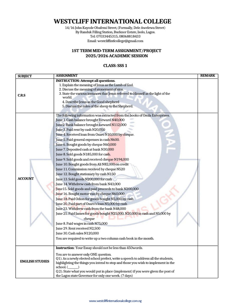 Westcliff International College Assignments | PDF | Numbers | Mathematics