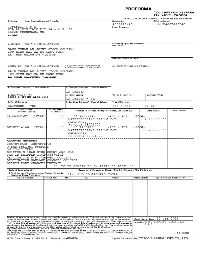 Proforma: Cosco Shipping Alps 005E | PDF | Cargo | Bill Of Lading