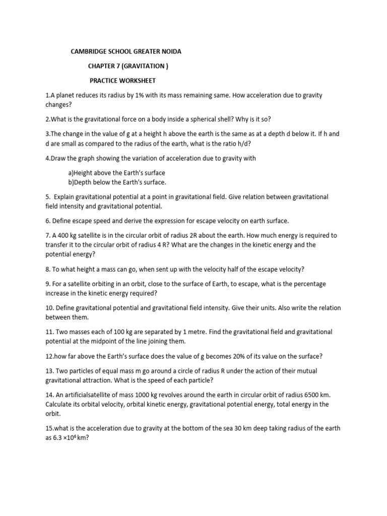 Gravitational Concepts Practice Worksheet | PDF