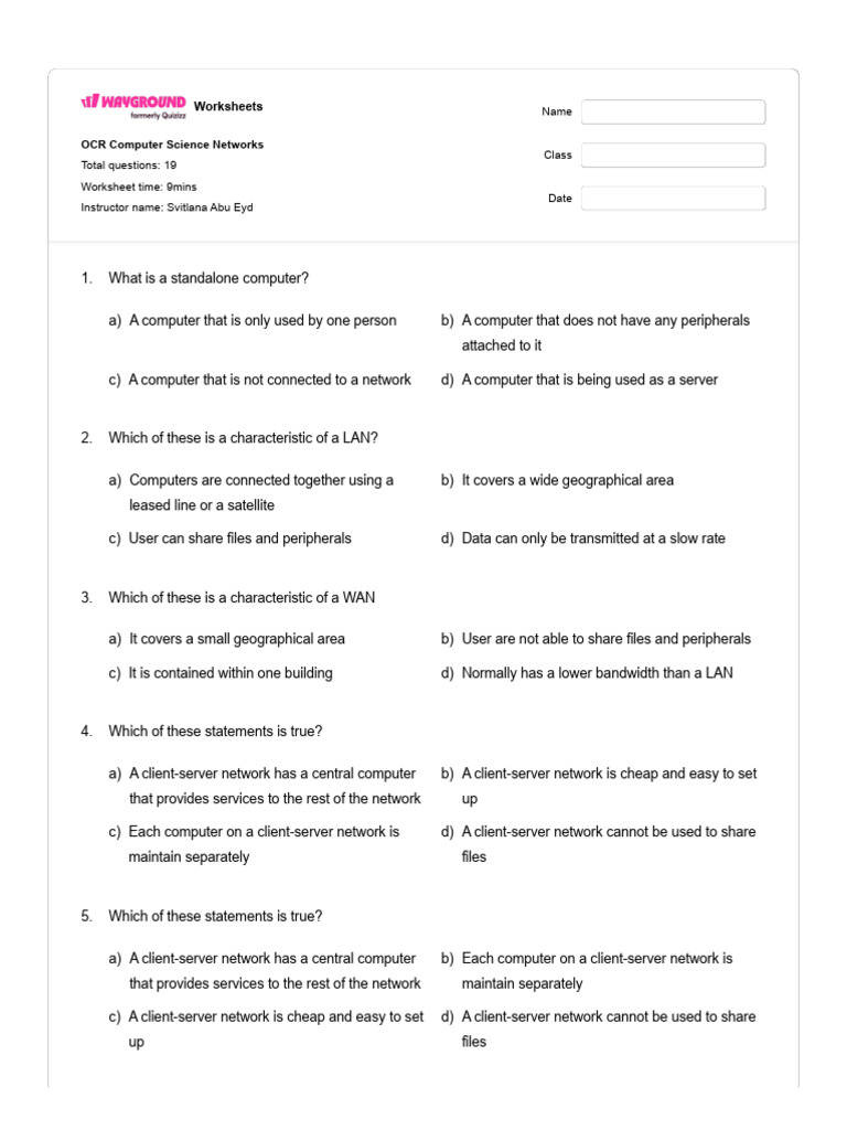 Computer Networks Worksheet Answers | PDF | Computer Network | Client–Server Model