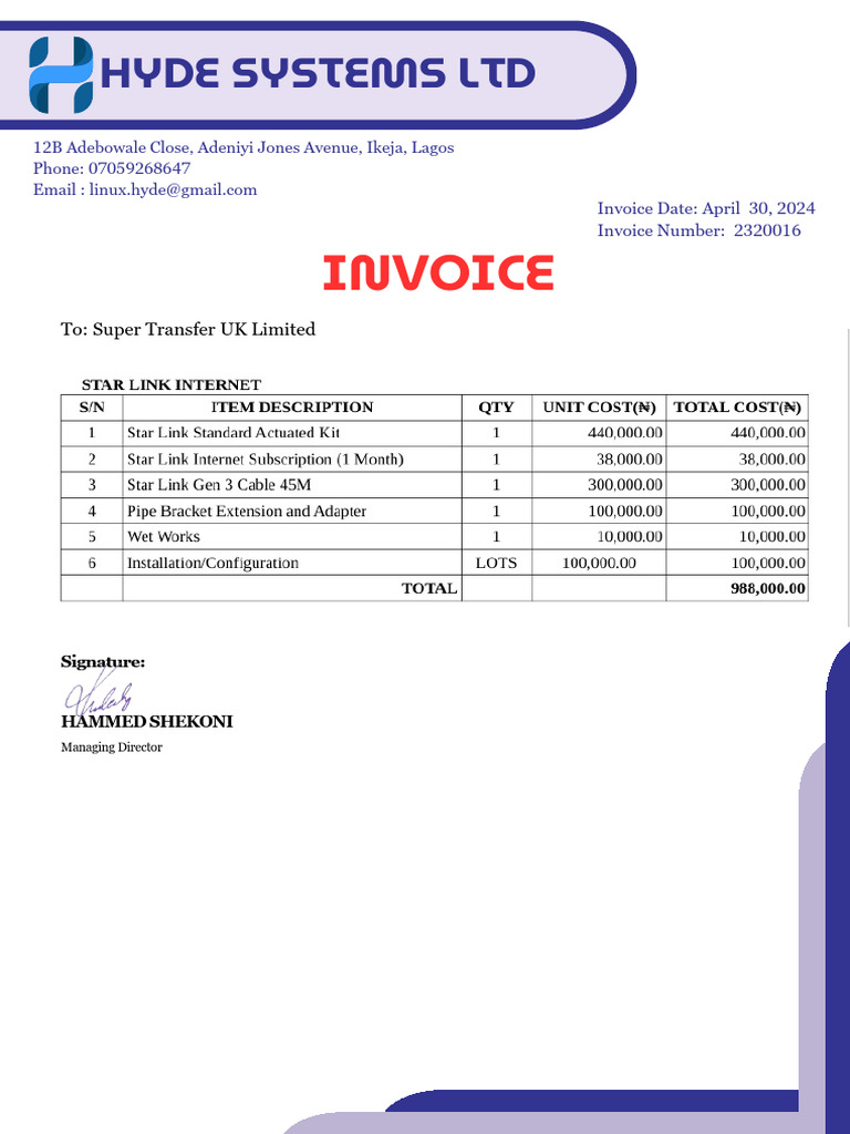 Hyde Invoice-Starlink 02312 | PDF