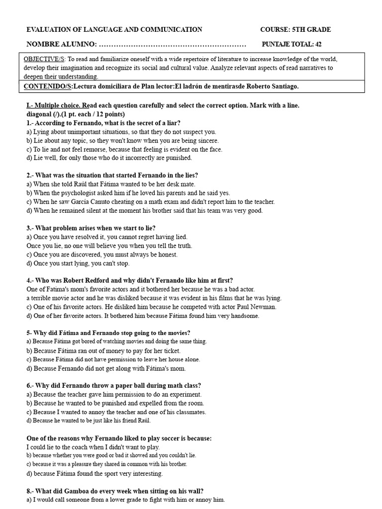 Evaluation The Thief of Lies | PDF | Multiple Choice