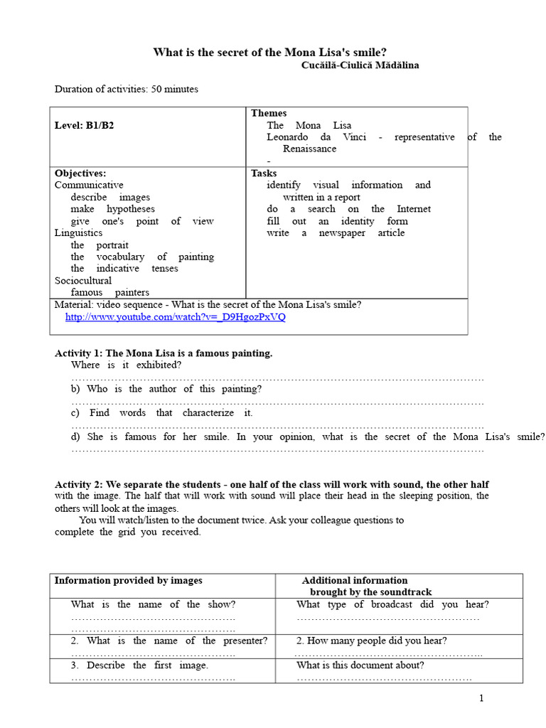 Educational Sheet The Secret of The Smile of The Mona Lisa | PDF ...