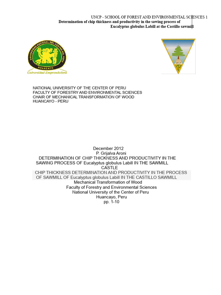 Chip Thickness and Productivity in Eucalyptus Sawmilling | PDF ...