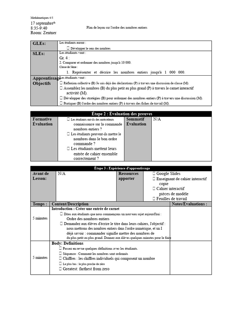 Plan de Leçon Sur L'ordre Des Nombres Entiers | PDF | Entier naturel