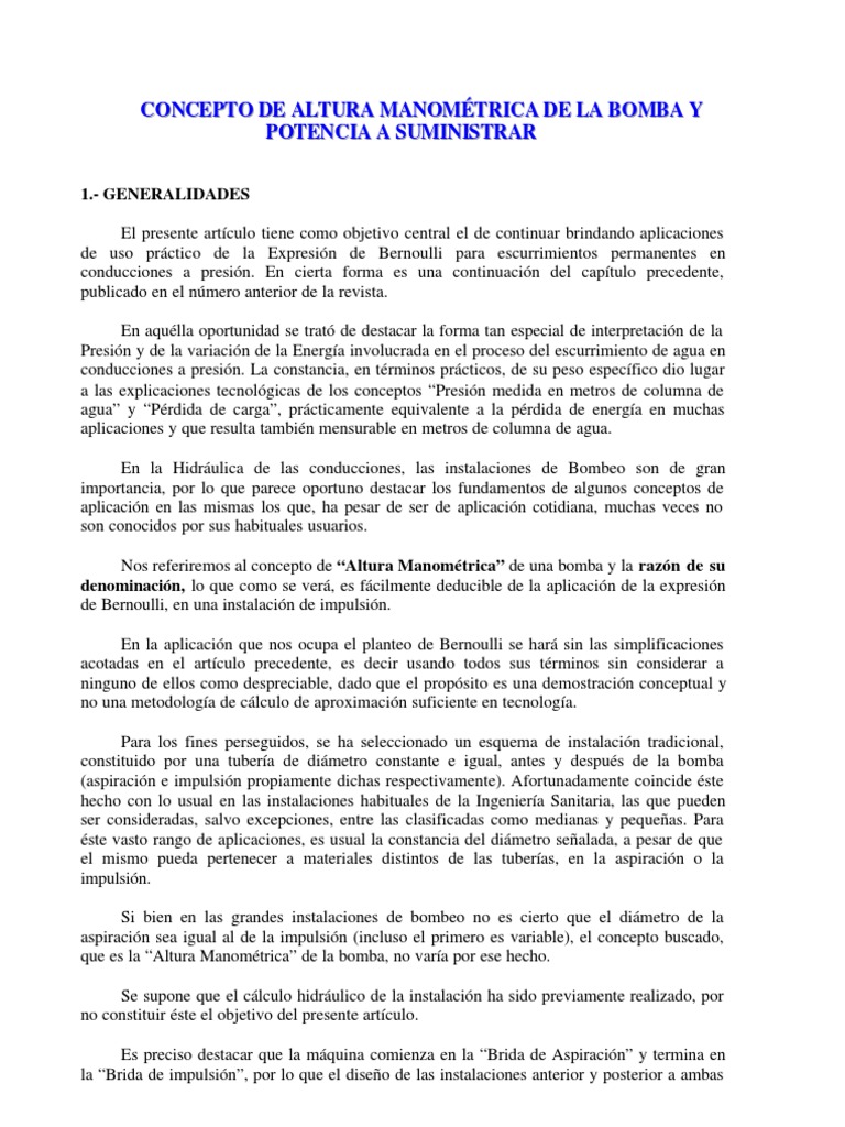 Altura manométrica y potencia de bomba | PDF | Bomba | Física Aplicada ...