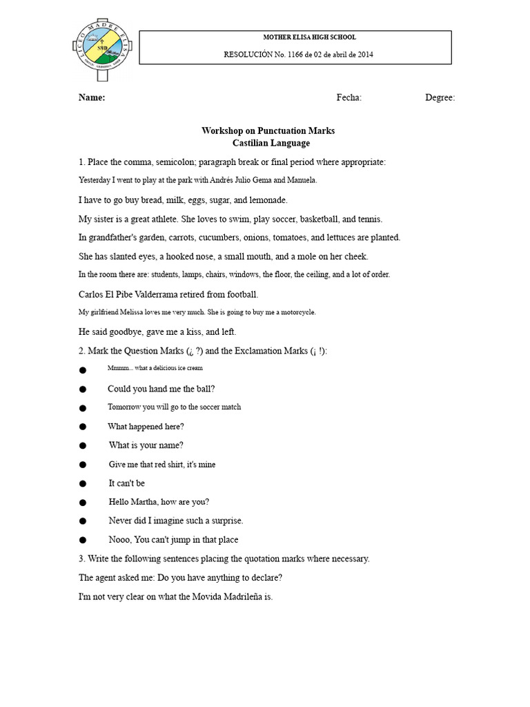 Workshop On Punctuation Marks - Fourth Grade - Spanish Language | PDF ...